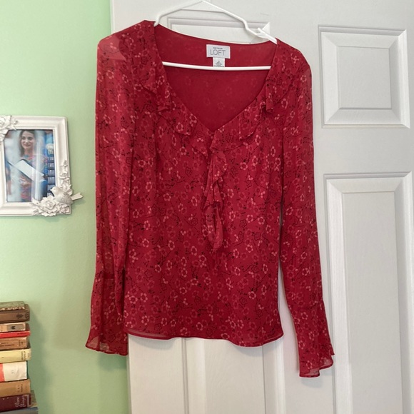 LOFT | Tops | 0 Silk Floral Print Dark Red Blouse With Ruffles Boho ...